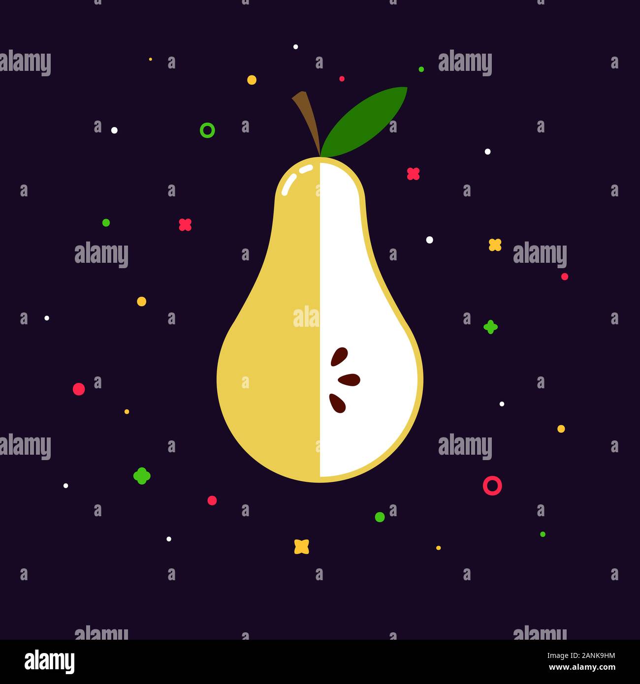pear fruit sphere with half slice on abstract fresh background, flat ...