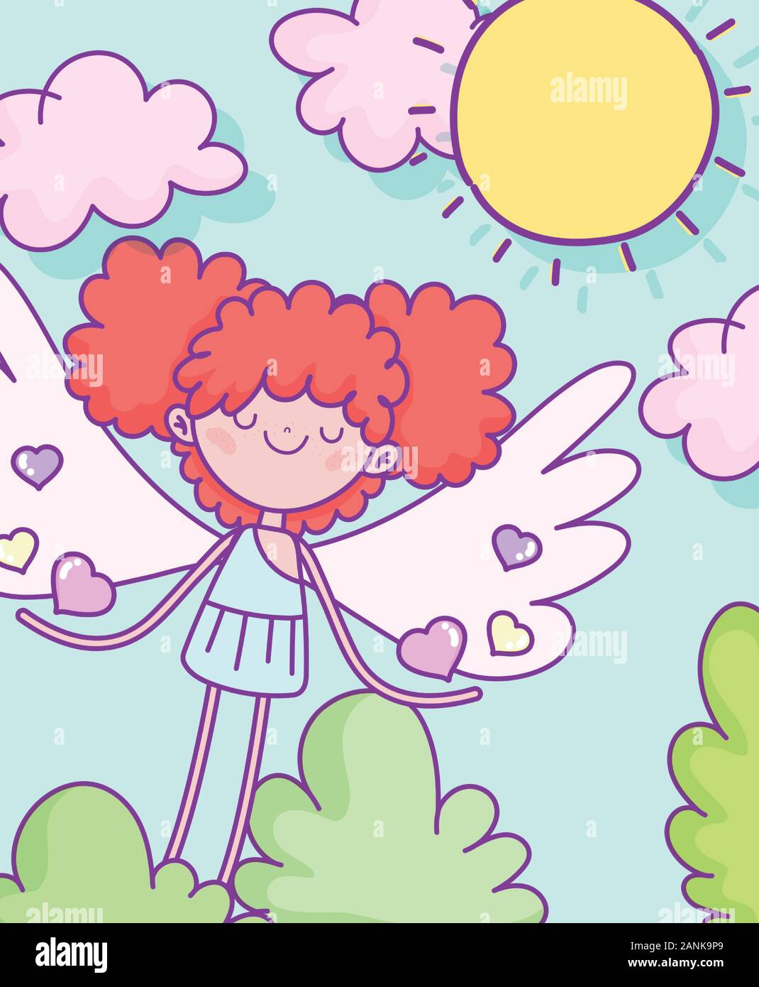 happy valentines day, cute cupid with hairred hearts love bush sun ...