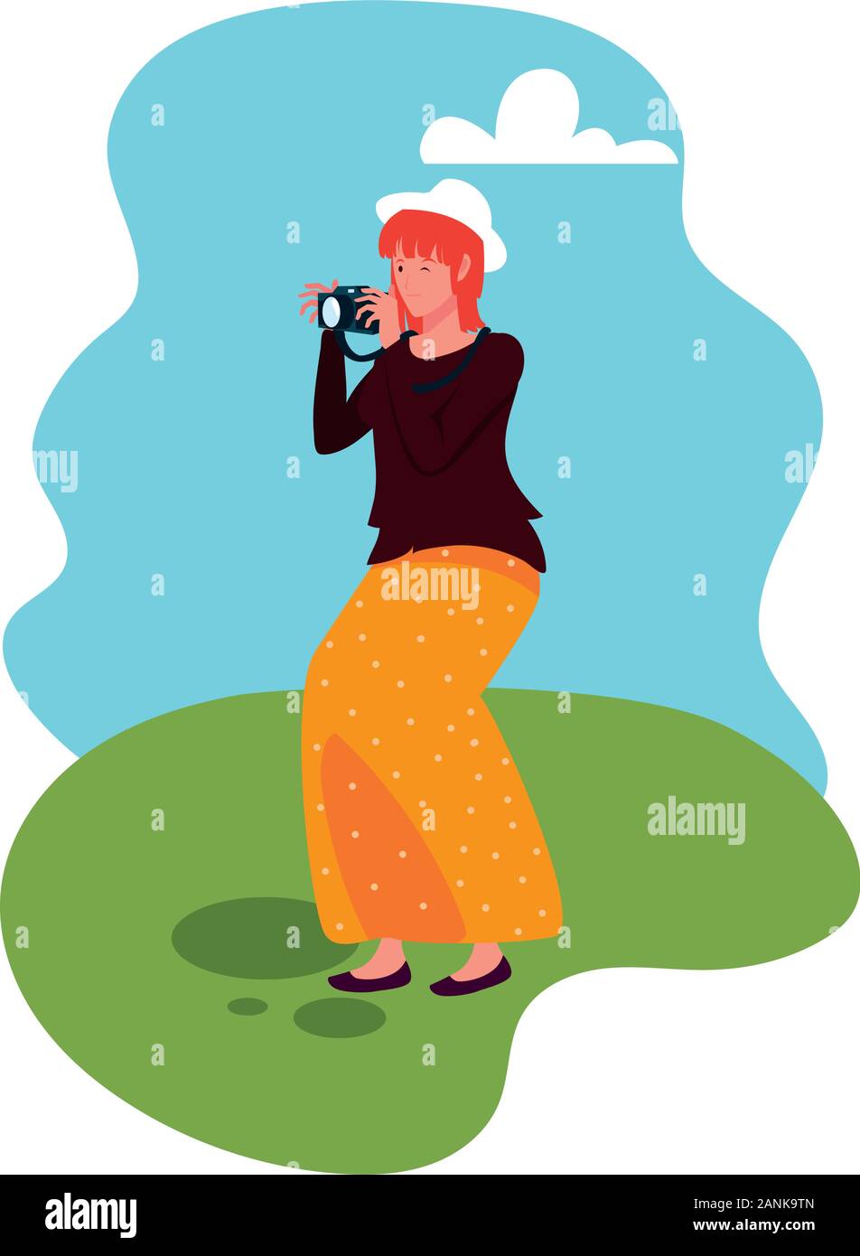 woman taking a photo with background landscape vector illustration ...