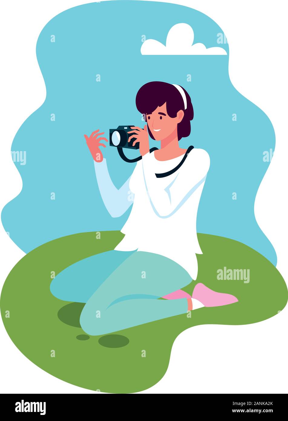 woman taking a photo with background landscape vector illustration ...