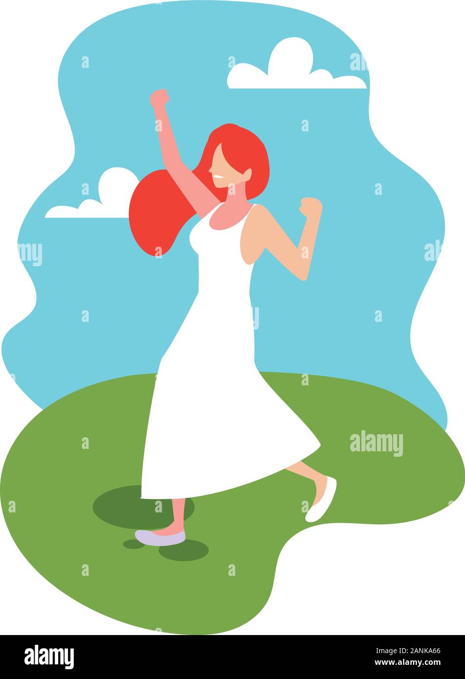 woman in pose of dancing with landscape background vector illustration ...