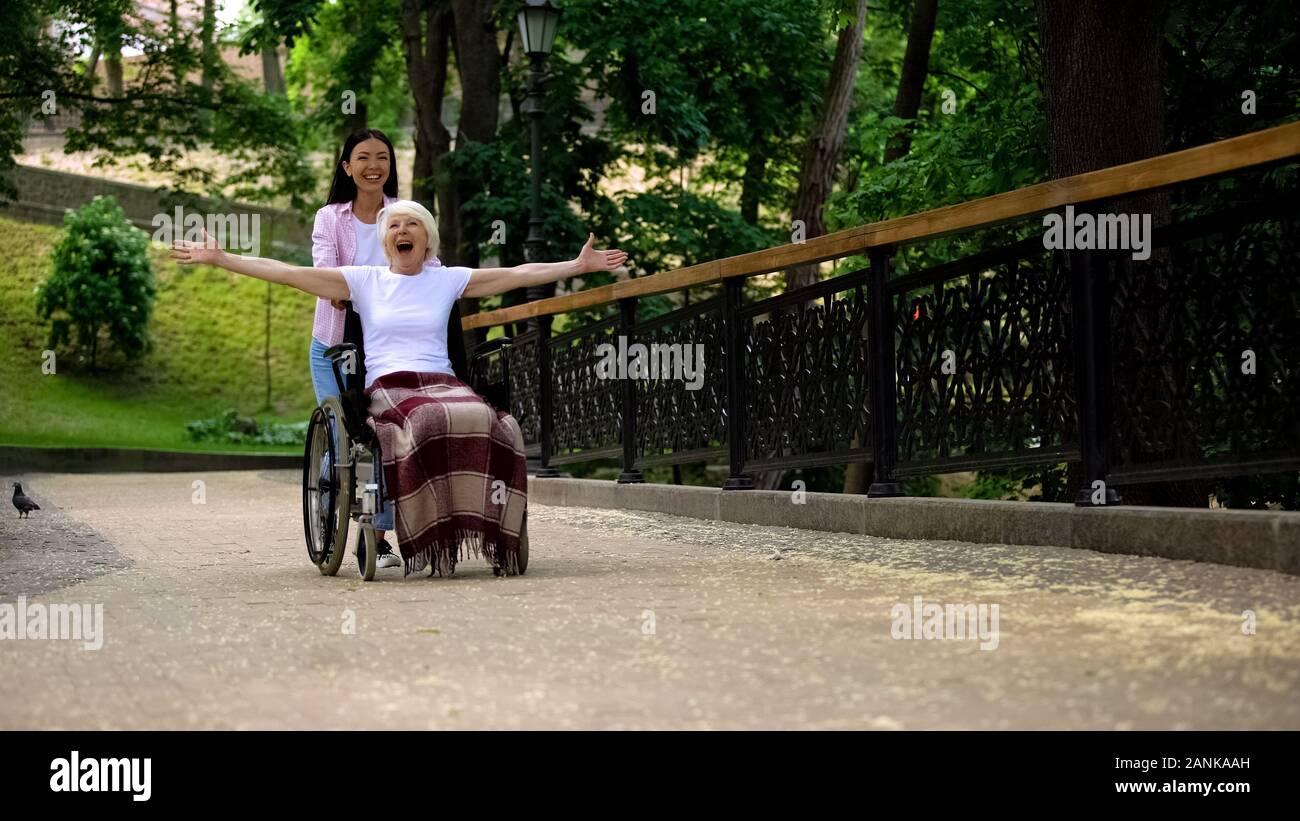 Asian woman pushing excited mature lady wheelchair, happy aged patient ...