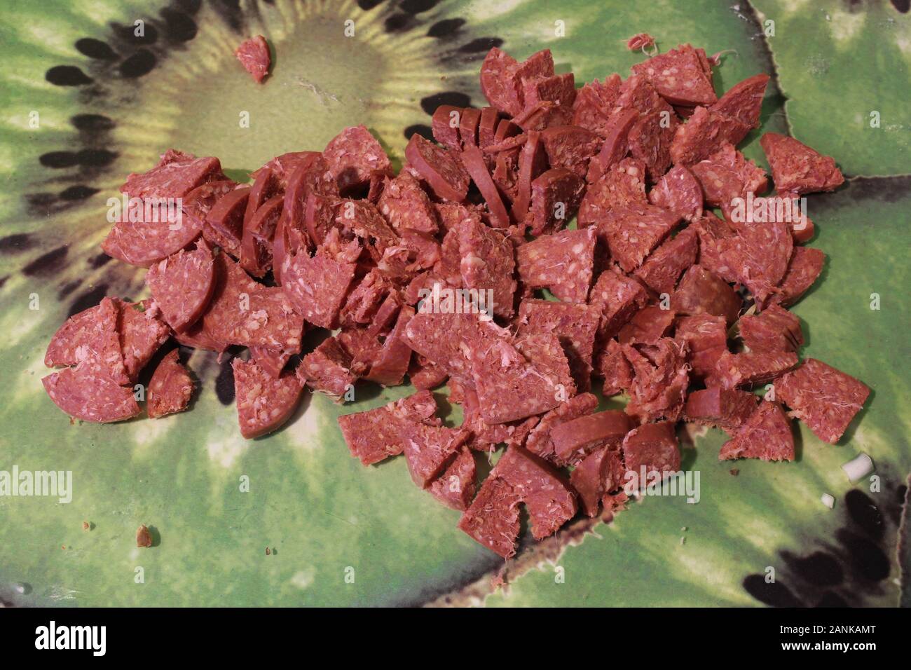 Turkish raw sausage sucuk cut to small pieces as ingredient for soup ...