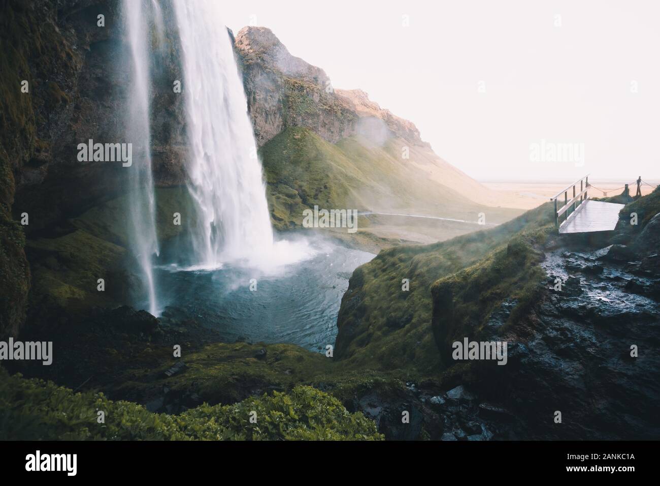 Perfect view of famous powerful Seljalandsfoss waterfall in sunlight ...