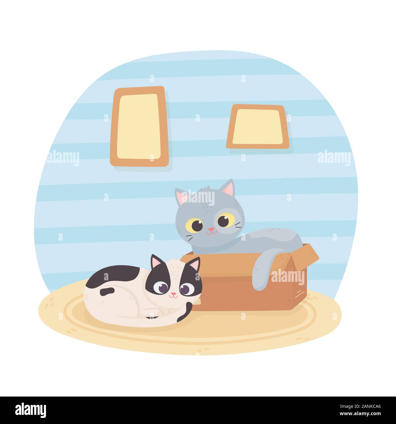 pet cats with cardboard box room cartoon vector illustration Stock ...