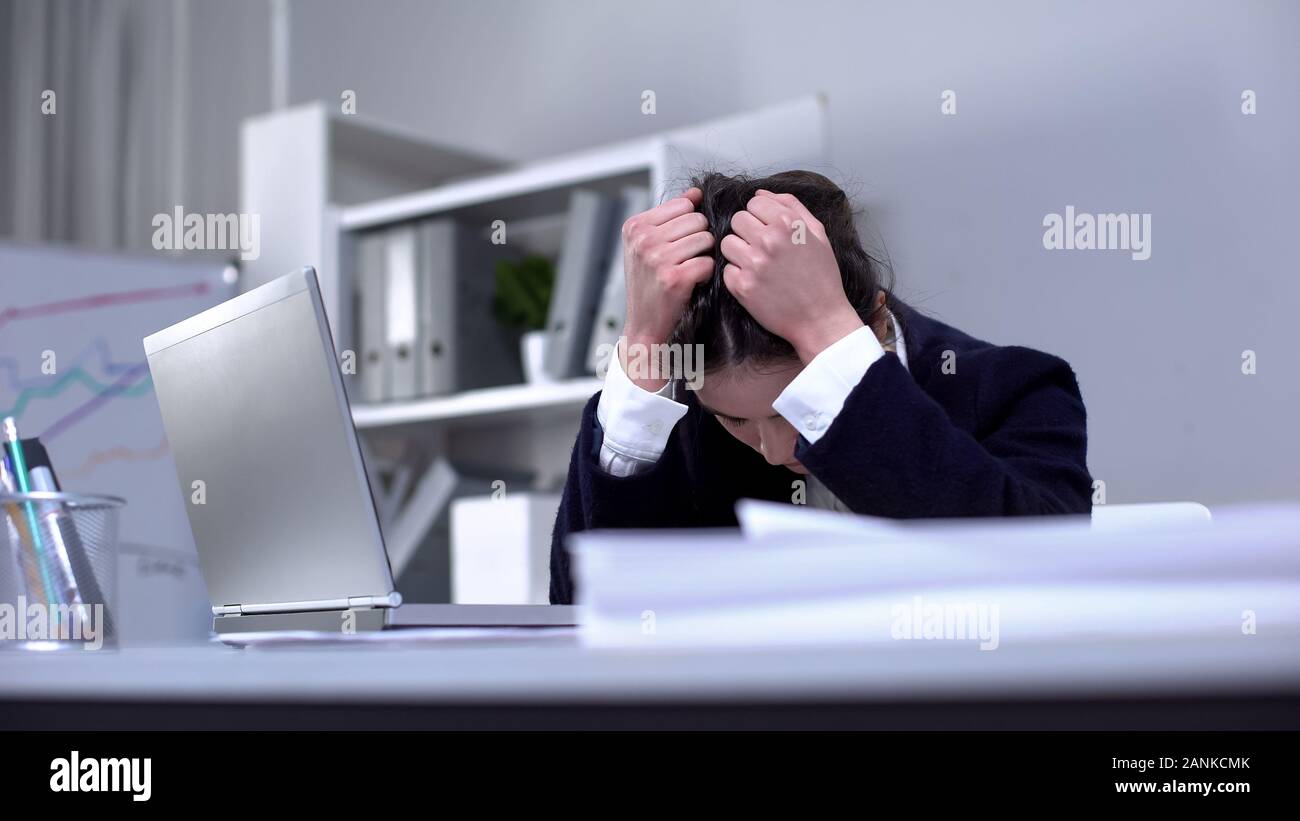 Female office worker suffering strong depression, professional burnout ...