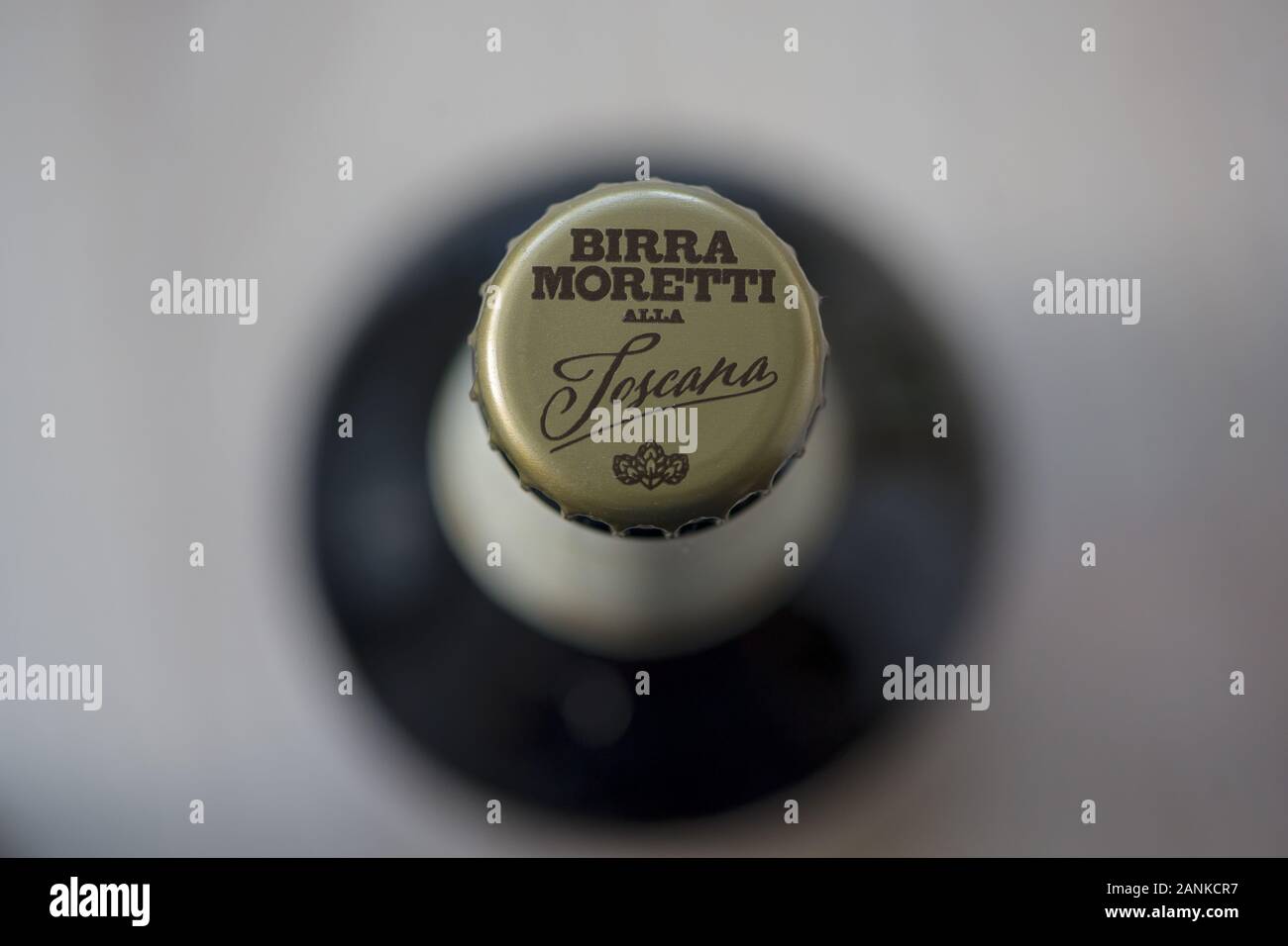 TIMISOARA, ROMANIA - OCTOBER 04, 2019: Close-up on an Birra Moretti ...