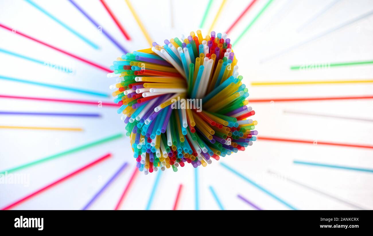 Colorful plastic straws standing in pencil box, creativity and art ...