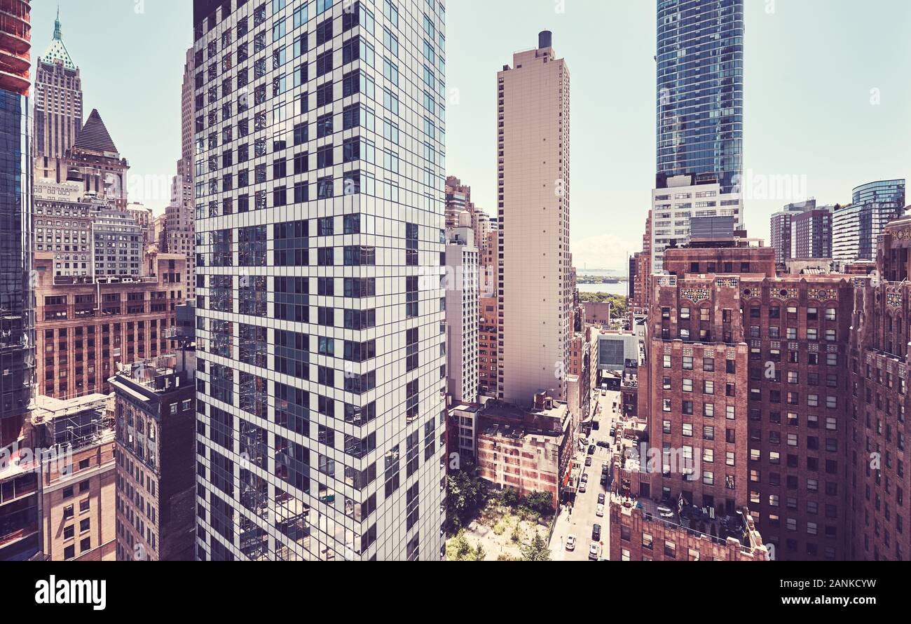 Retro color toned view of Manhattan architecture, New York City, USA ...