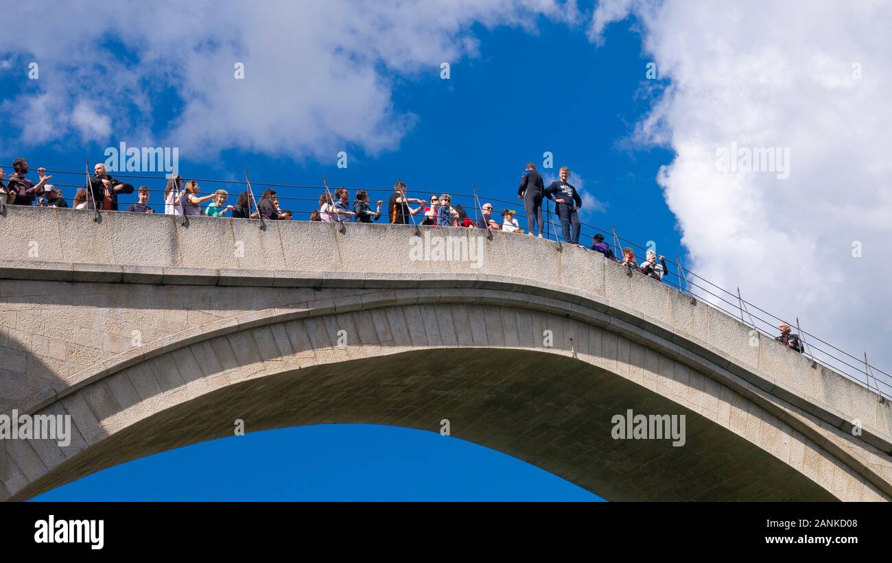 Mostar / Bosnia & Herzegovina - April 2019: Diver Prepares to Jump From ...