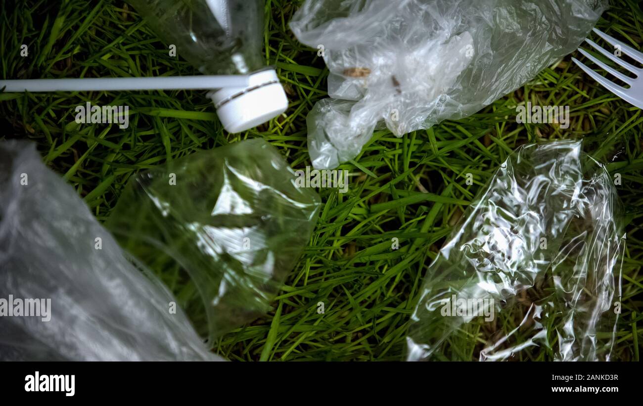 Plastic trash on grass, pollution problem, environmental disaster, save ...