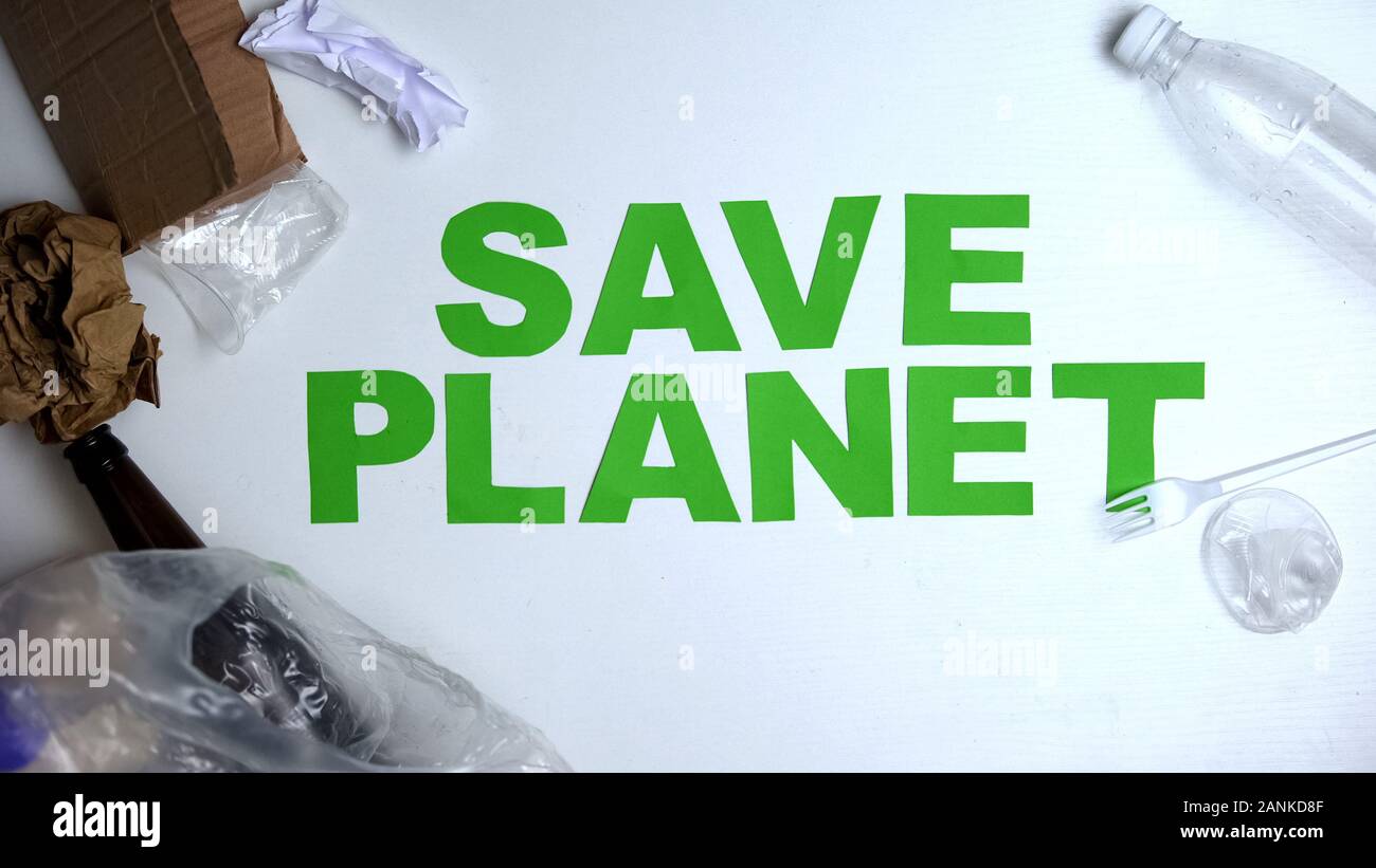 Garbage lying around save planet phrase against white background ...