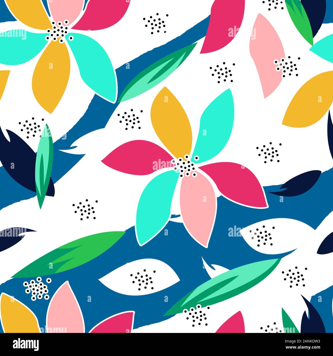 Colorful floral pattern with leaves. Cute flowers on white background ...