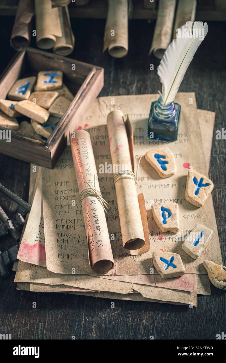 Original runestones omen based on futhark alphabet Stock Photo - Alamy