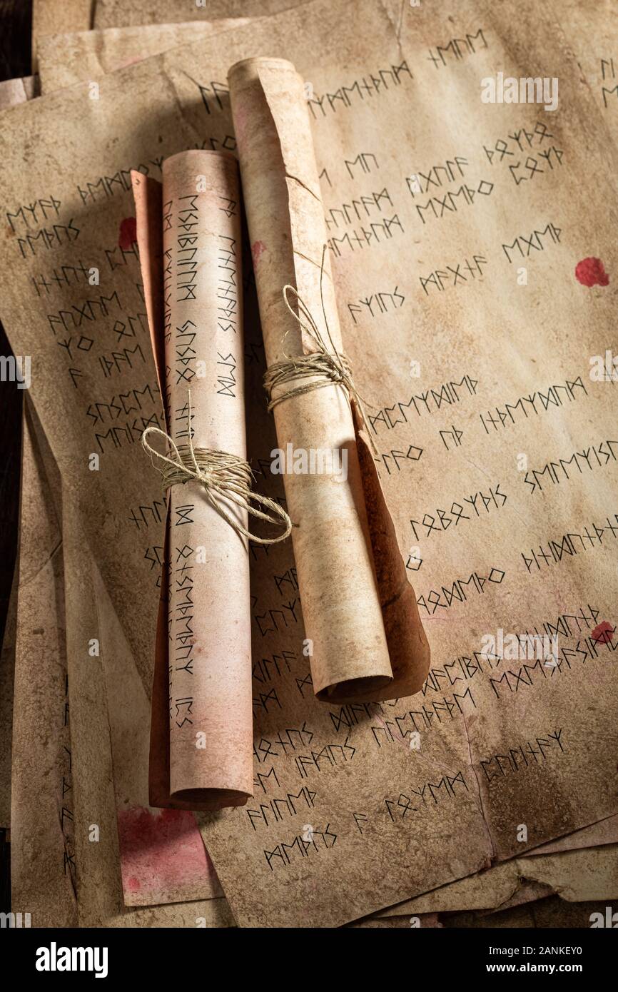 Extraordinary scribe library full of medieval and old scrolls Stock ...