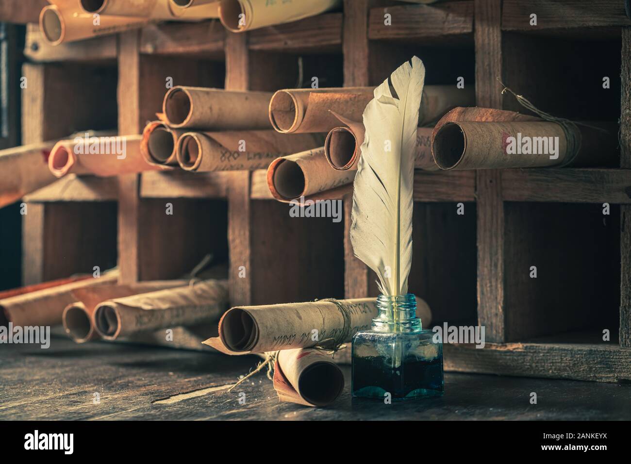 Unique scribe library full of medieval and old scrolls Stock Photo - Alamy