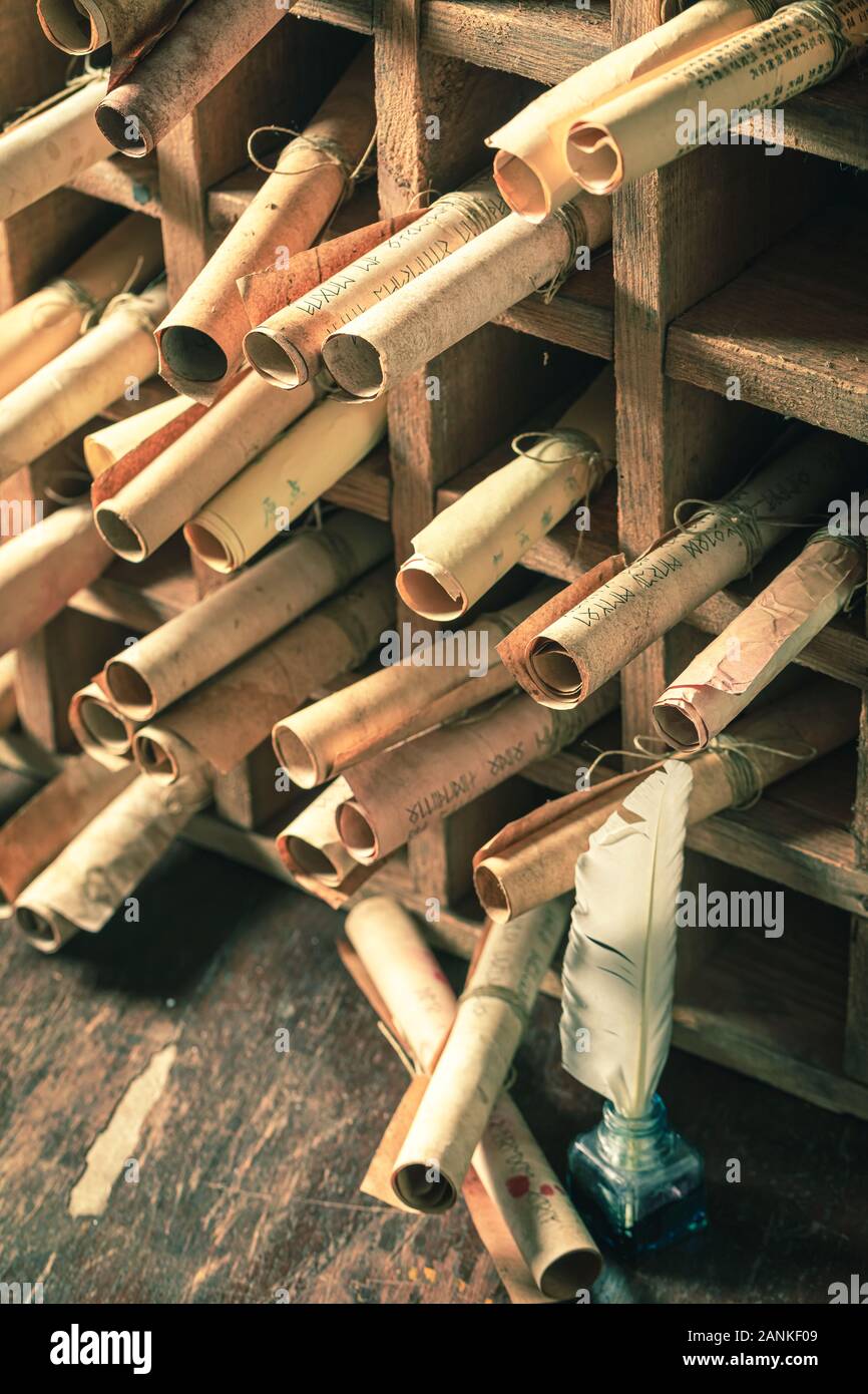 Vintage scribe library full of old and valuable manuscripts Stock Photo ...
