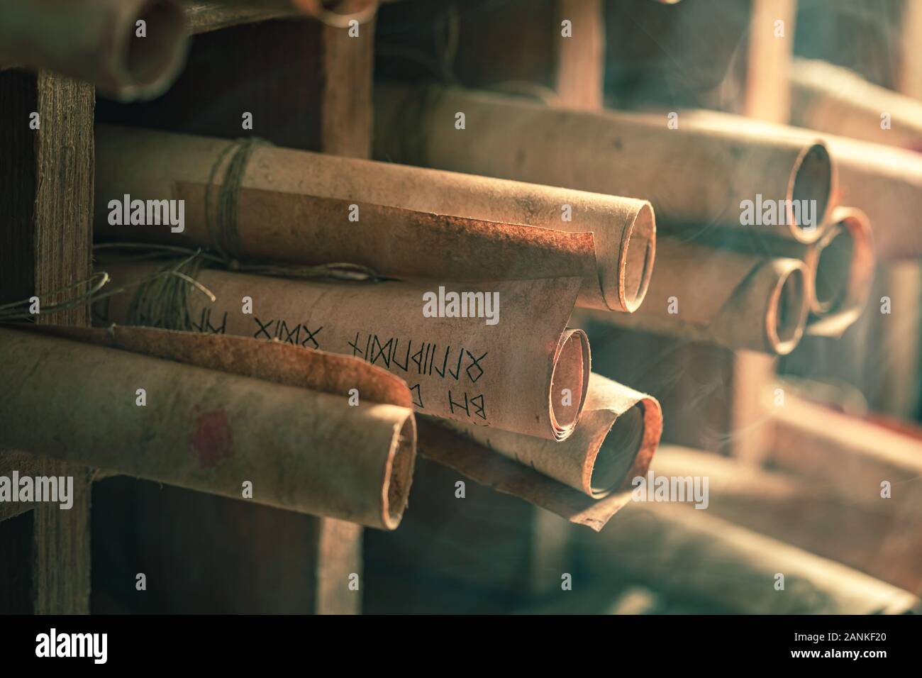 Vintage scribe library full of medieval and old scrolls Stock Photo - Alamy