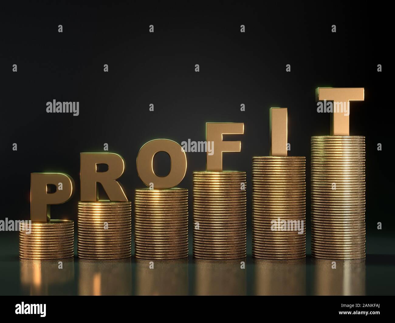 Golden Profit word placed on piles of golden coins arranged in ...