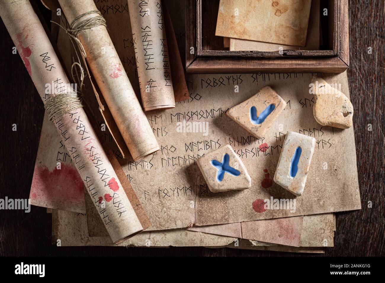Unique divination by rune stones and cards on old scrolls Stock Photo ...