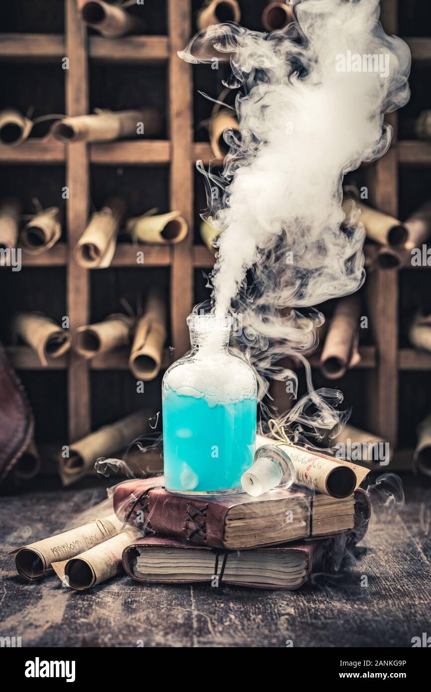 Extraordinary research lab full of medieval and old scrolls Stock Photo ...