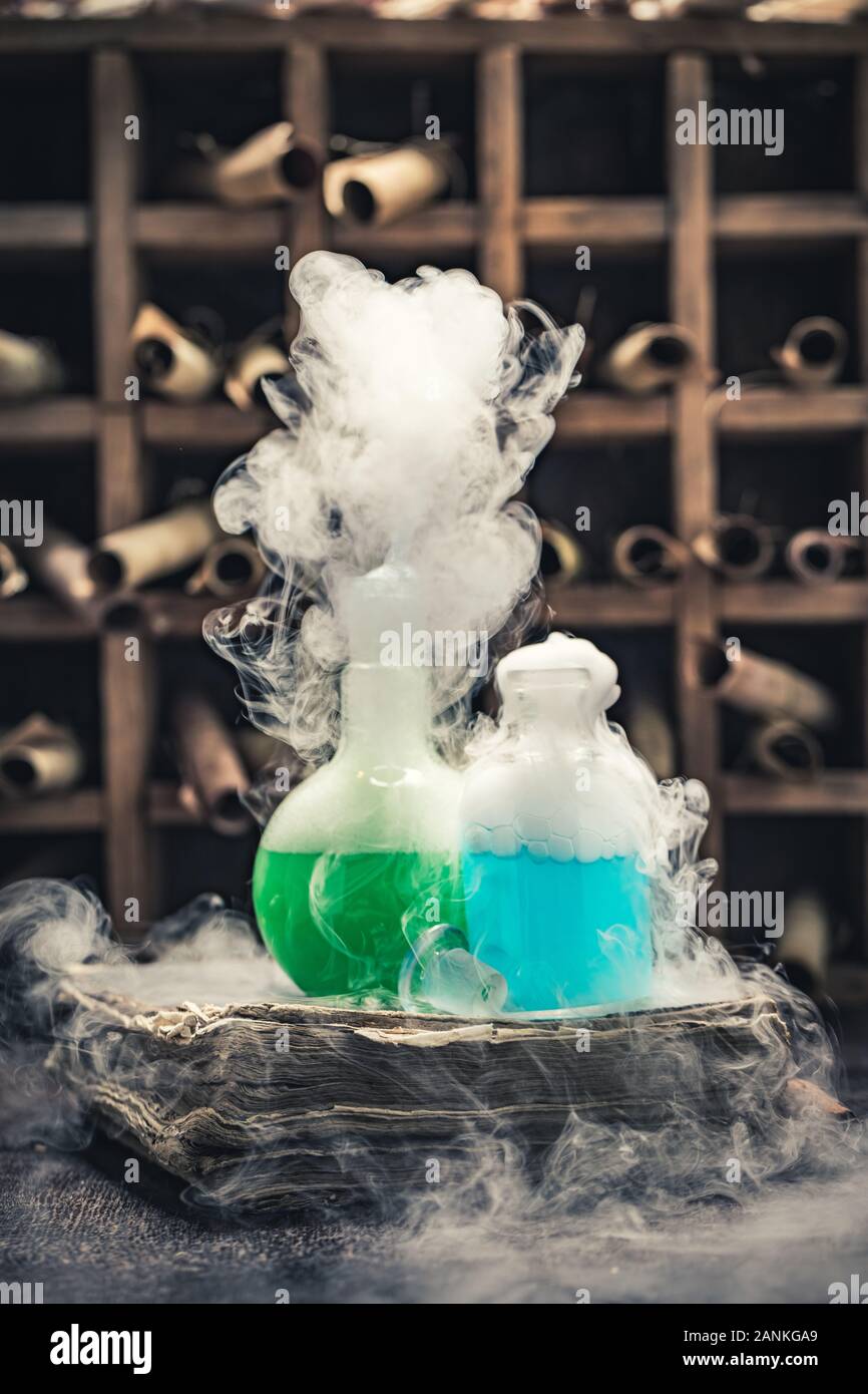 Magic alchemist laboratory full of medieval and old scrolls Stock Photo ...