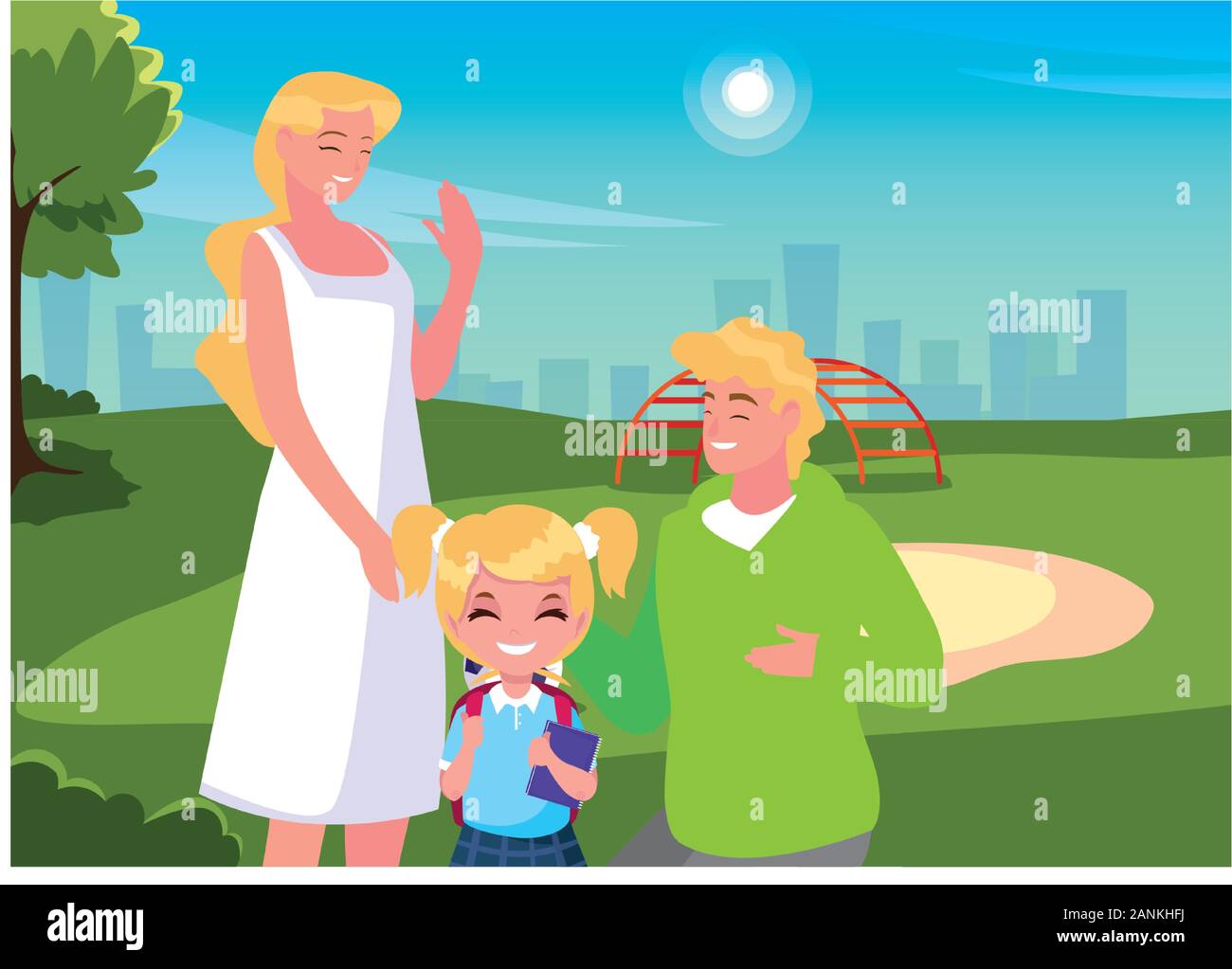 parents with her student daughter back to school vector illustration ...