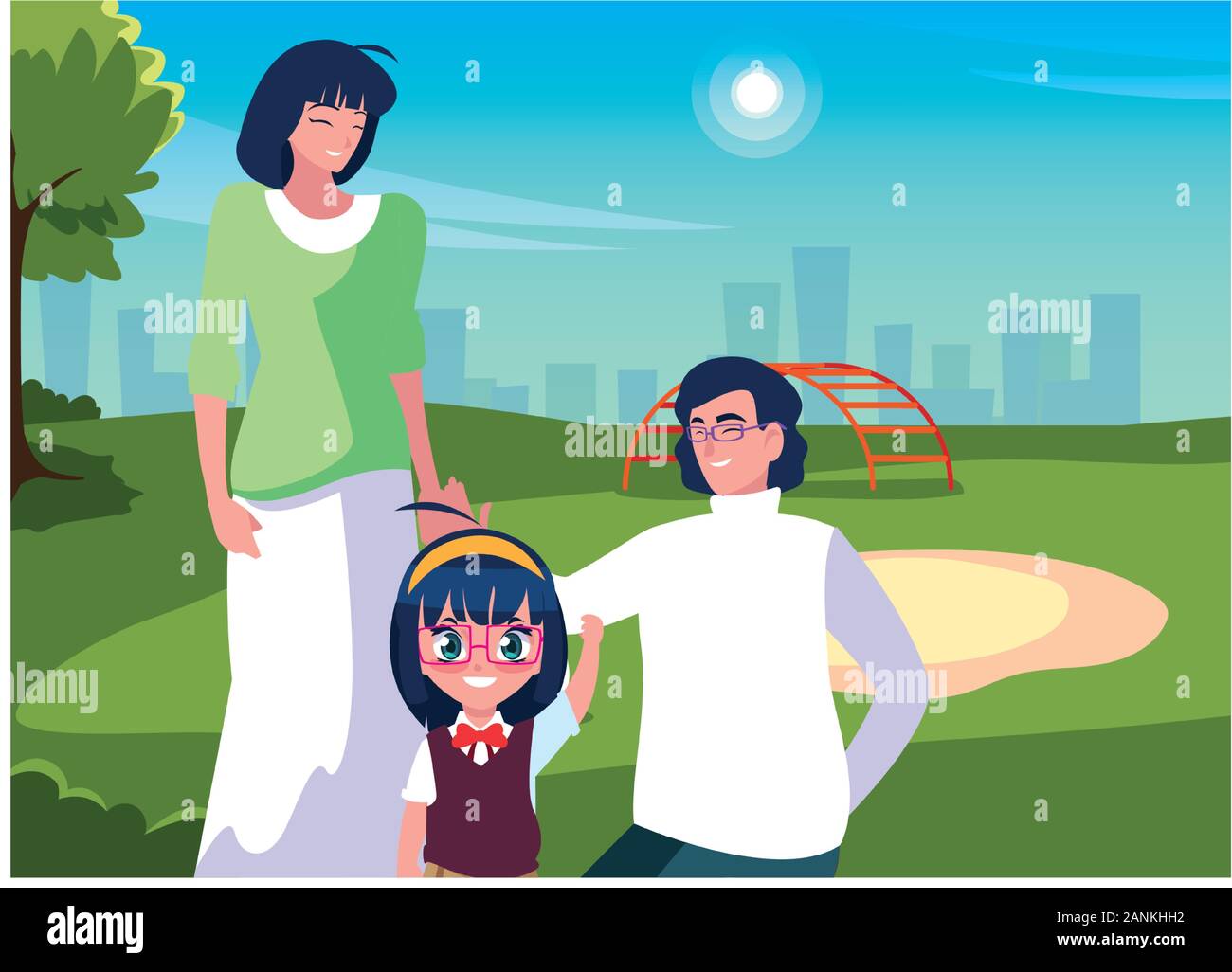parents with her student daughter back to school vector illustration ...