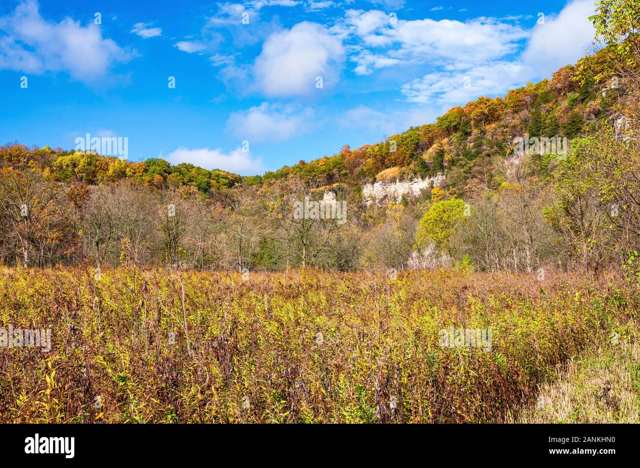 prairie and wooded bluffs autumn landscape of whitewater state park in ...