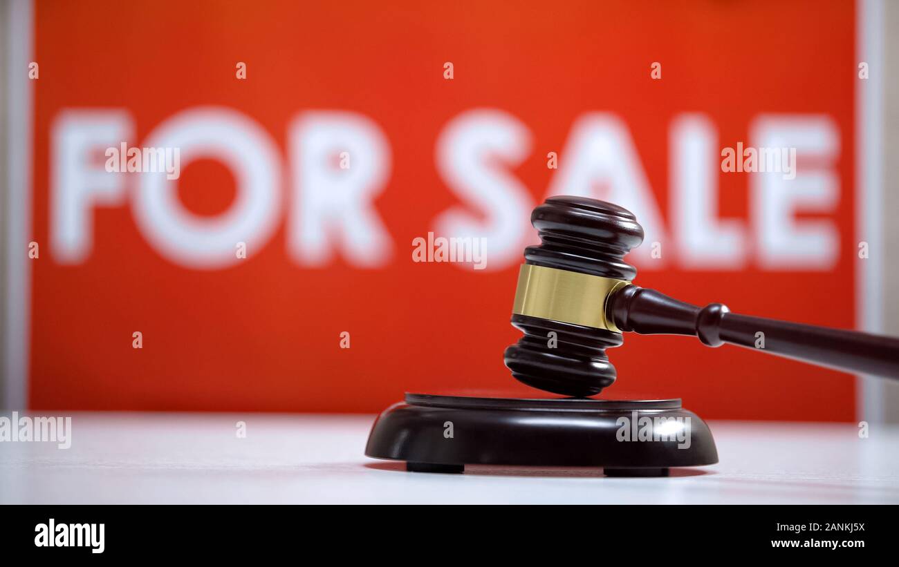 Sale sign background, gavel standing on sound block, auction rules ...