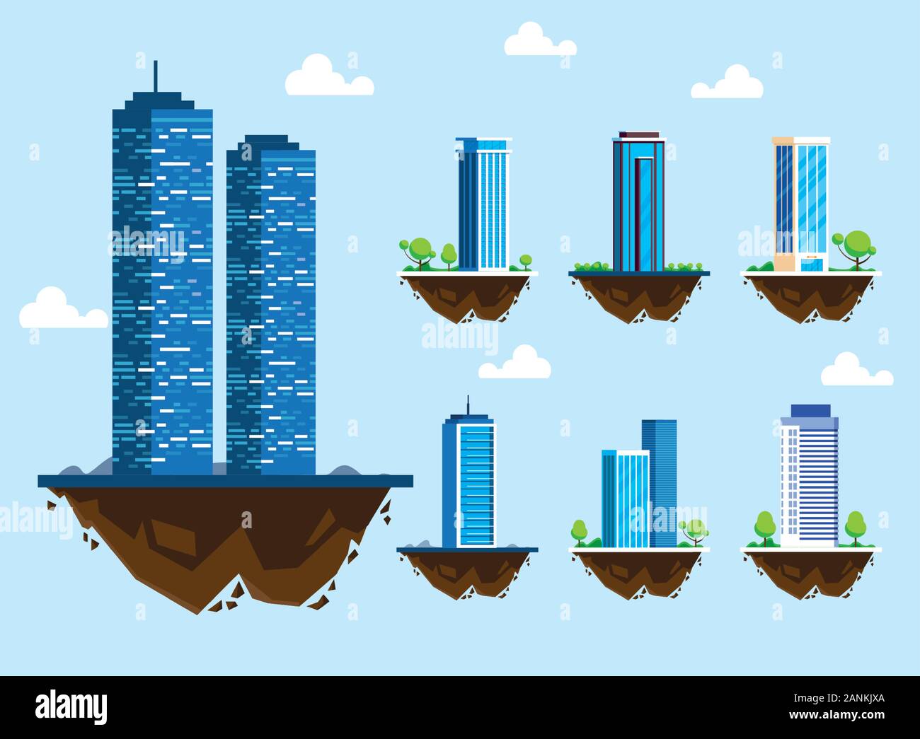 set of icons of buildings over terrain, urban landscape vector ...