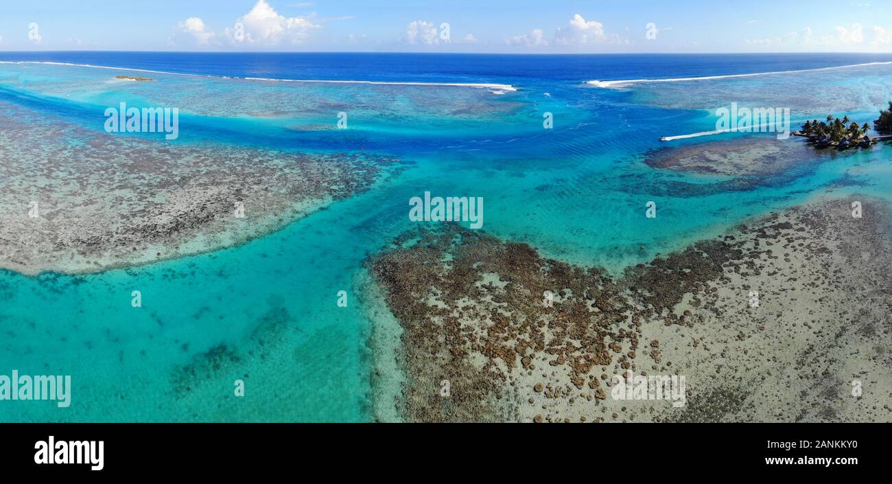 Aerial view of shades of blue and coral reefs over the Moorea lagoon in ...