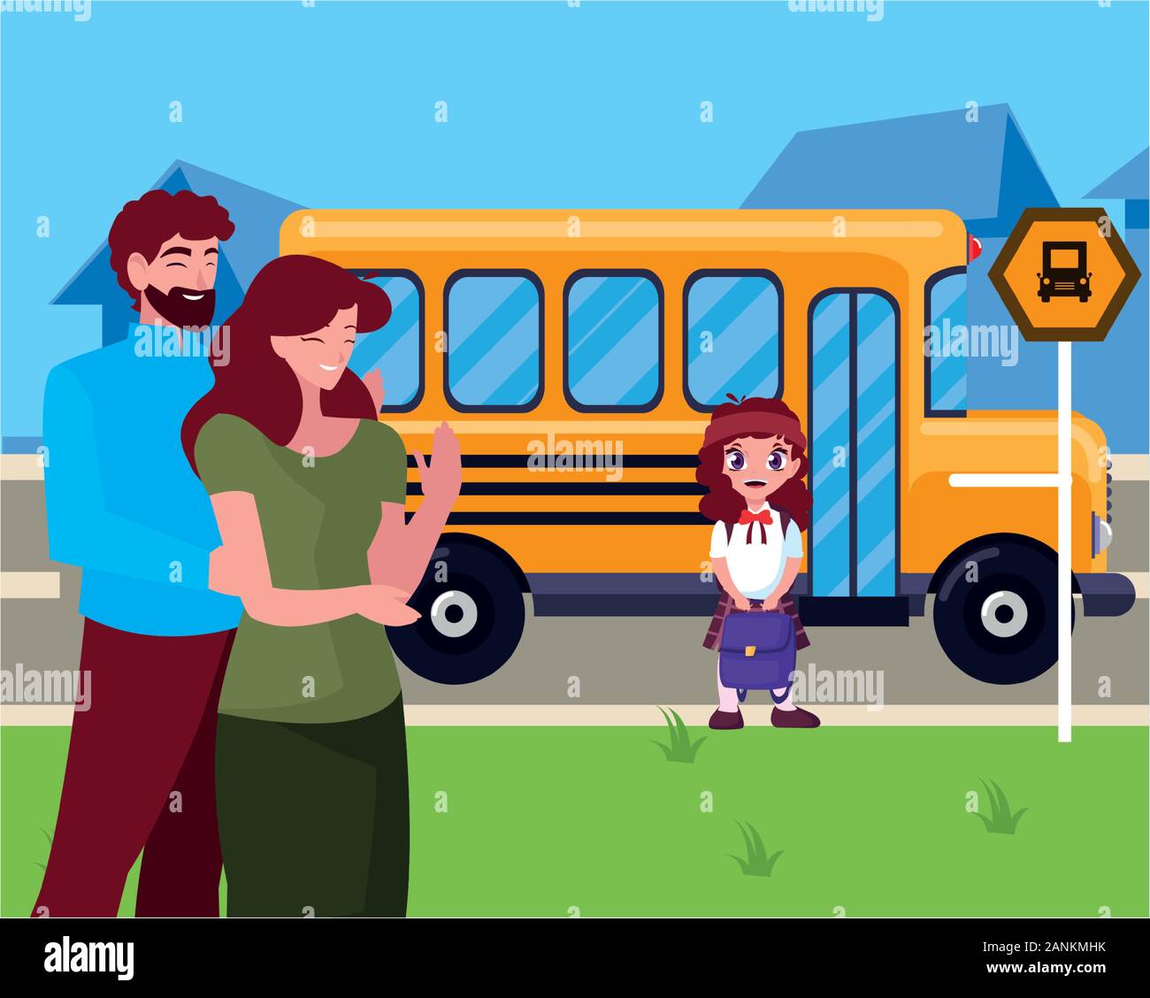 parents with her student daughter back to school vector illustration ...