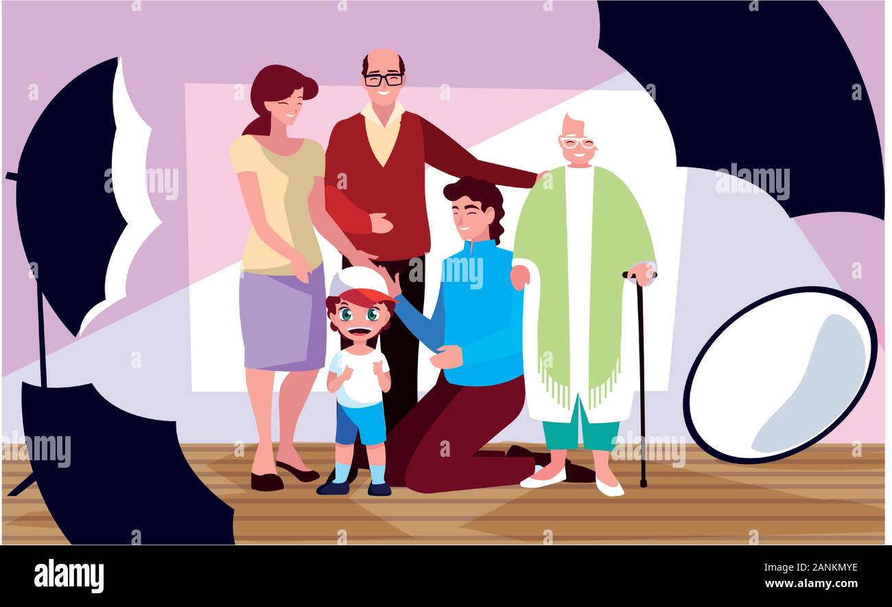 big family posing with cameras in photo studio vector illustration ...