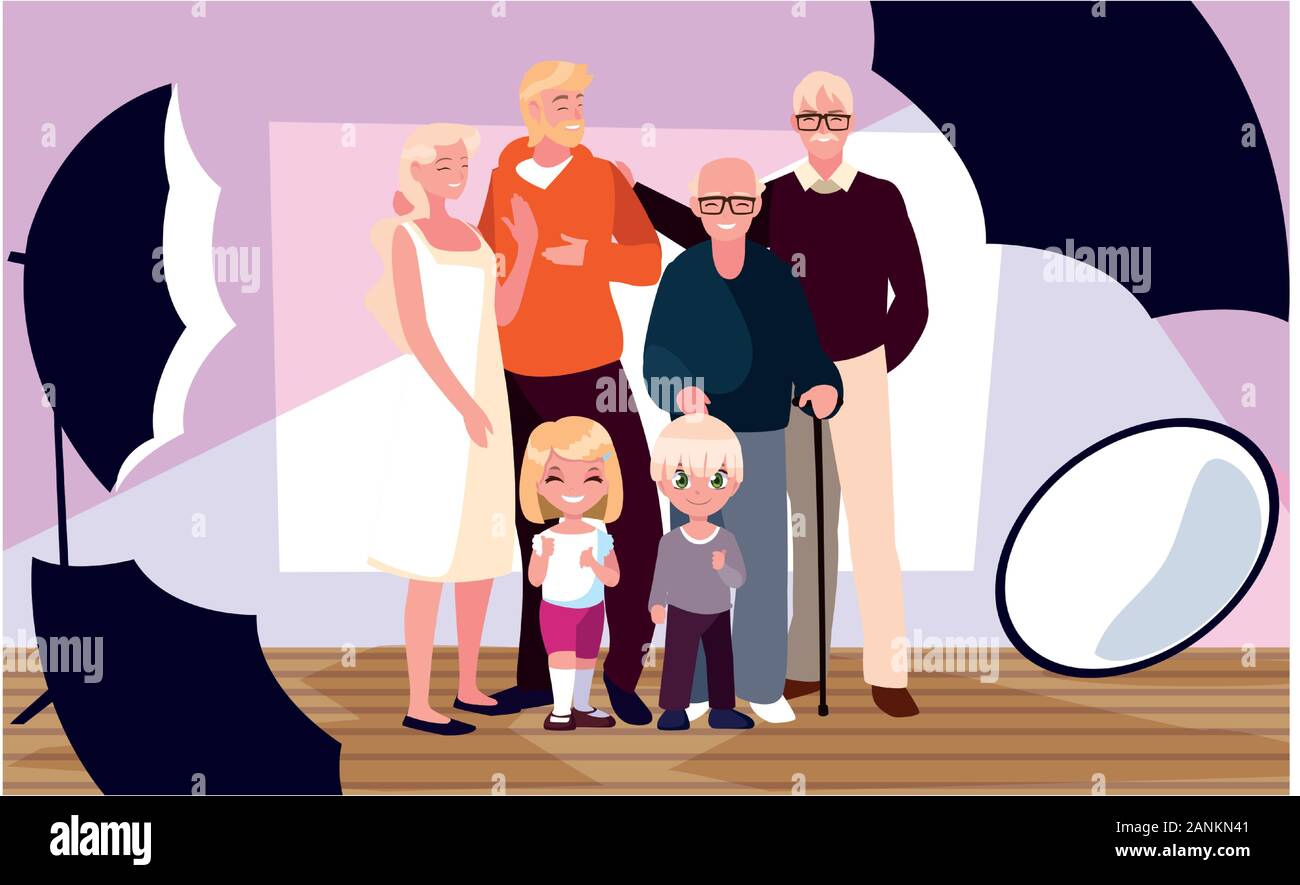 big family posing with cameras in photo studio vector illustration ...