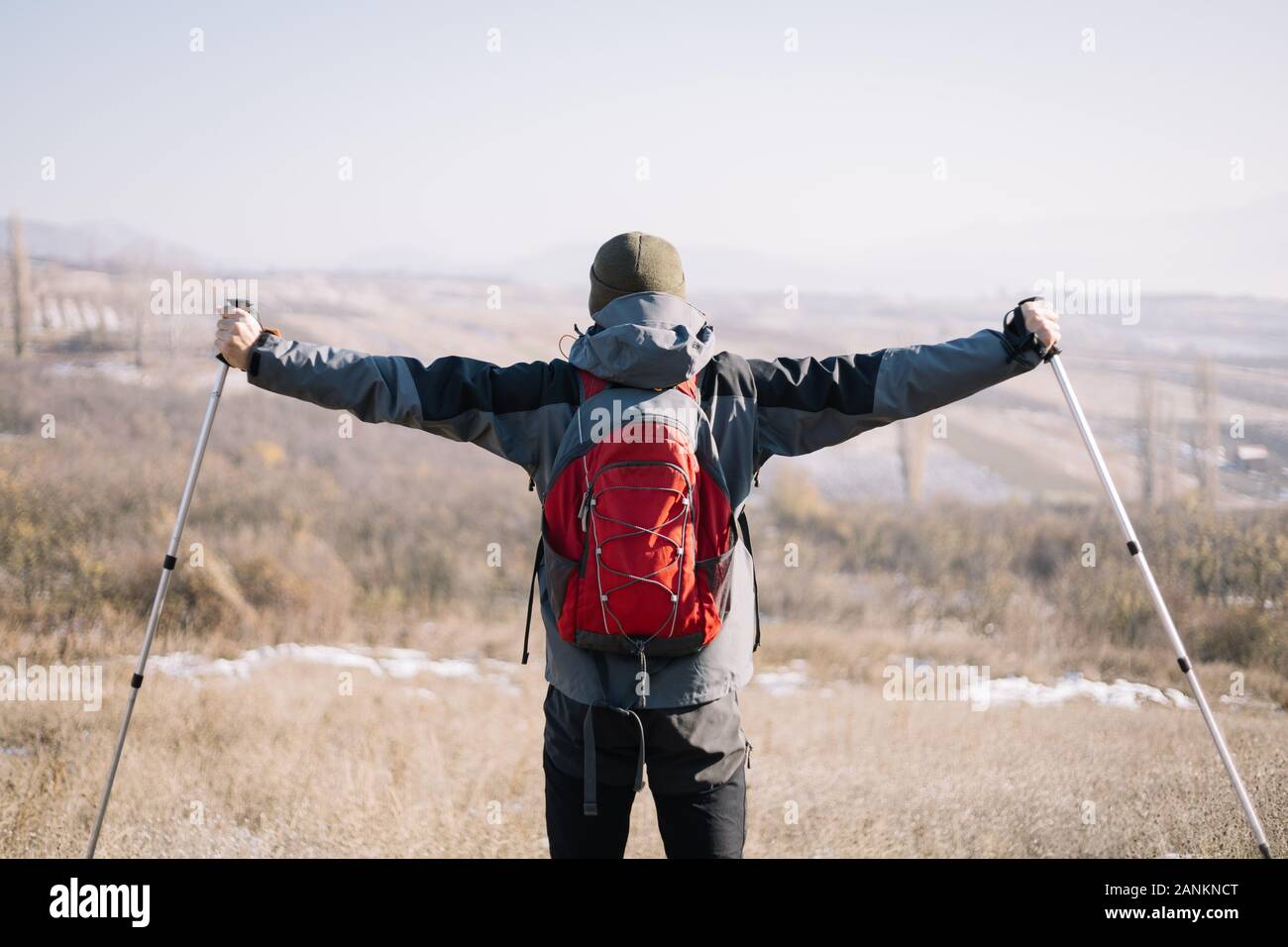 Back of man wearing backpack and hiking poles Stock Photo - Alamy