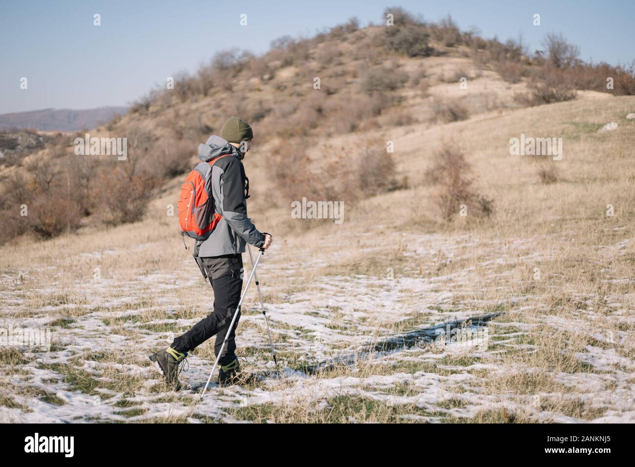 Back view of man hiking mountain using poles Stock Photo - Alamy