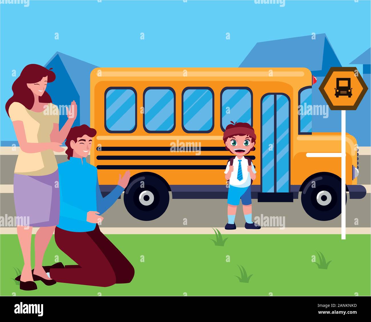 parents with her student son back to school vector illustration design ...