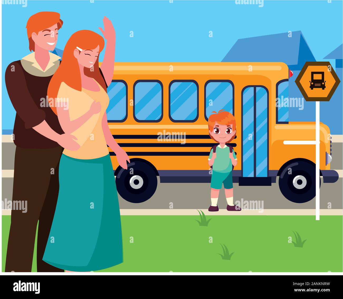 parents with her student son back to school vector illustration design ...