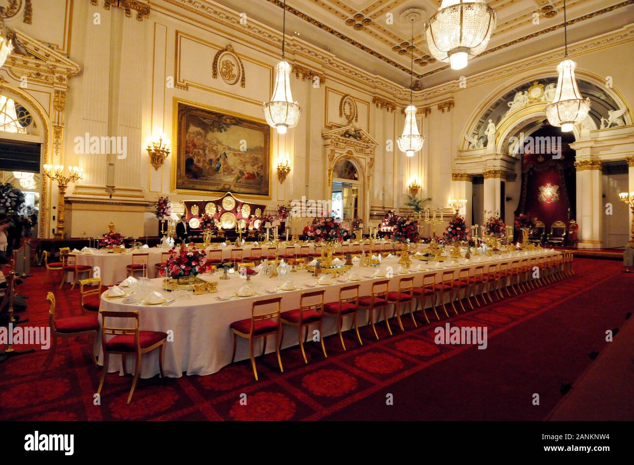 The Grand Ballroom at Buckingham Palace in London being laid out for a ...