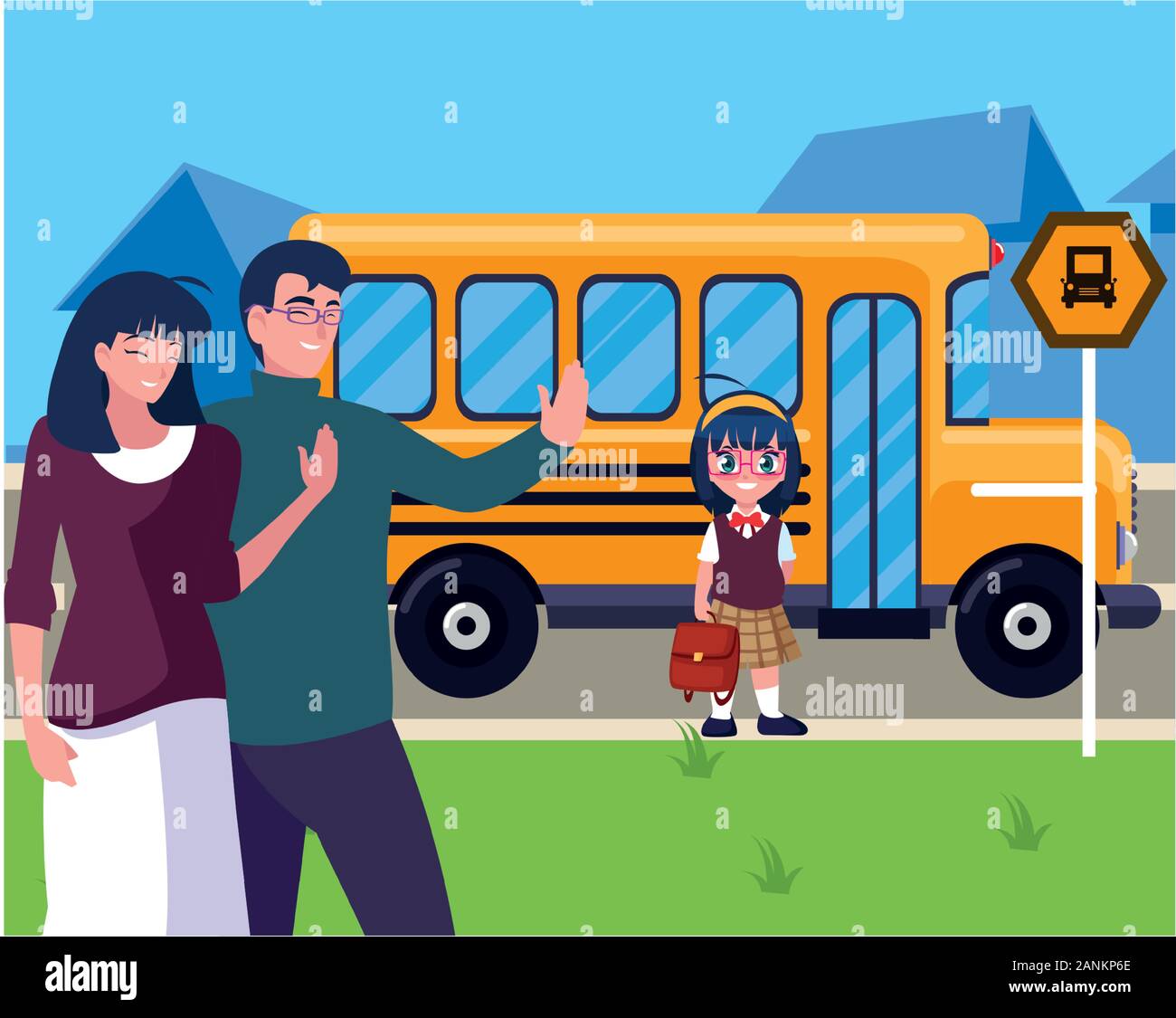 parents with her student daughter back to school vector illustration ...