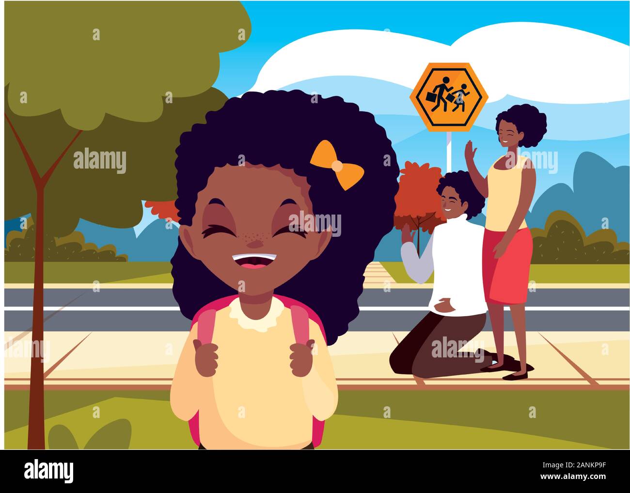 parents with her student daughter back to school vector illustration ...