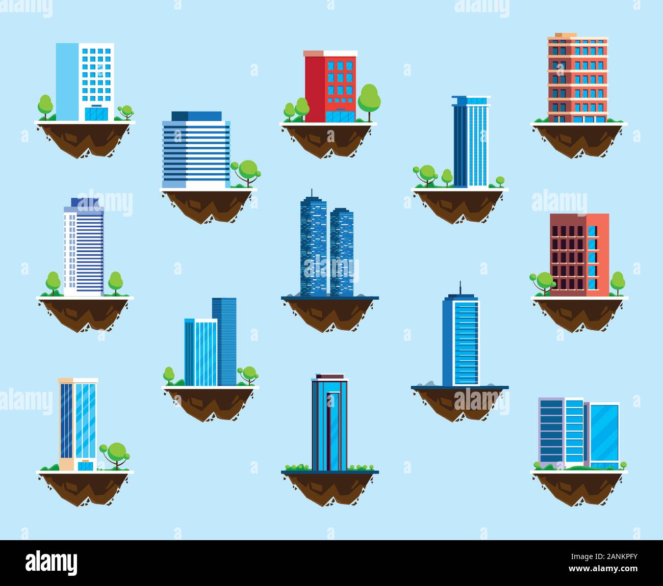 set of icons of buildings over terrain, urban landscape vector ...