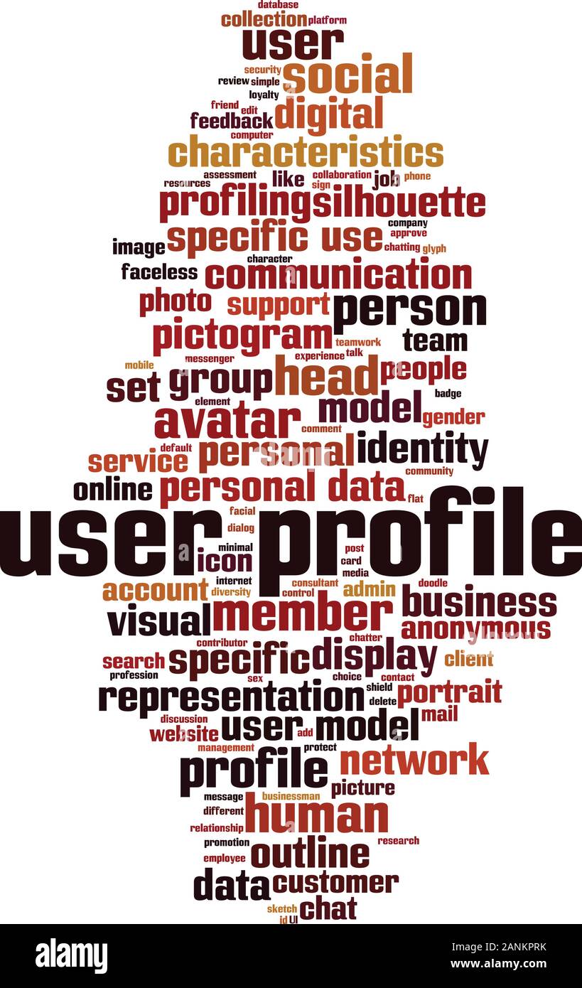 User profile word cloud concept. Collage made of words about user ...
