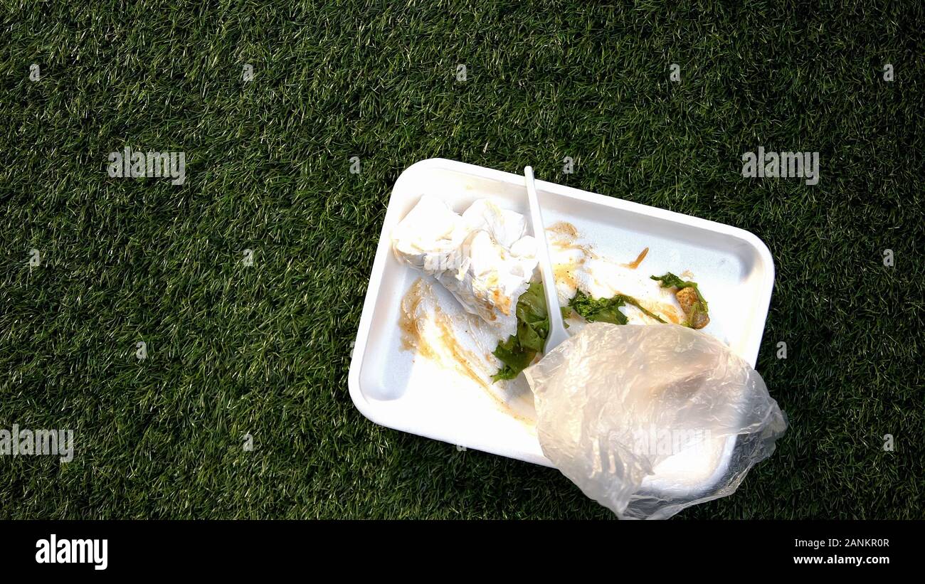 Plastic trash thrown on green lawn, people leaving mess after picnic ...