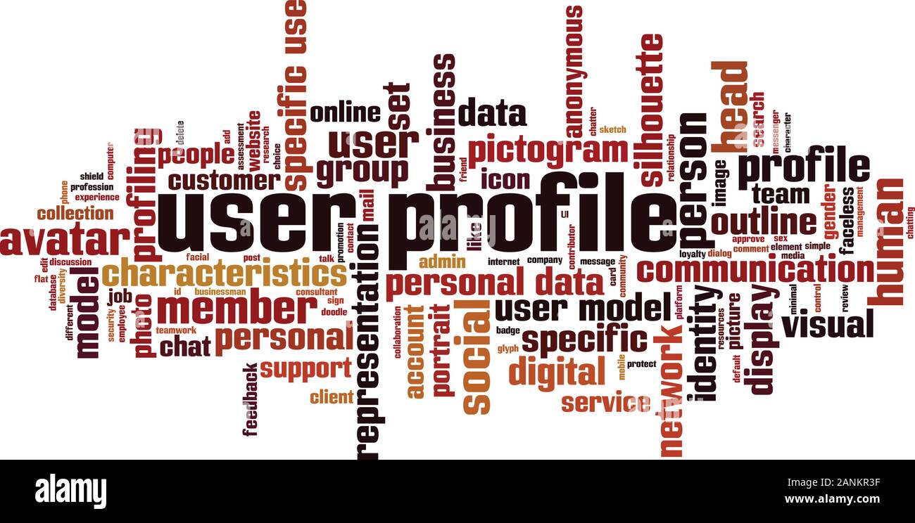 User profile word cloud concept. Collage made of words about user ...