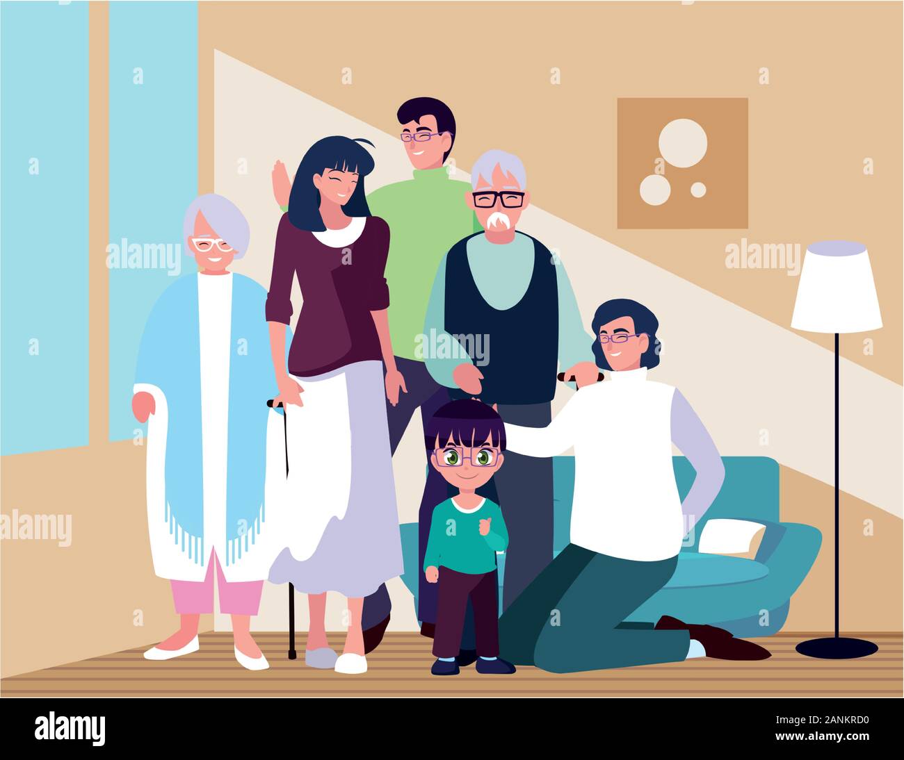 big family together in living room, three generations vector ...