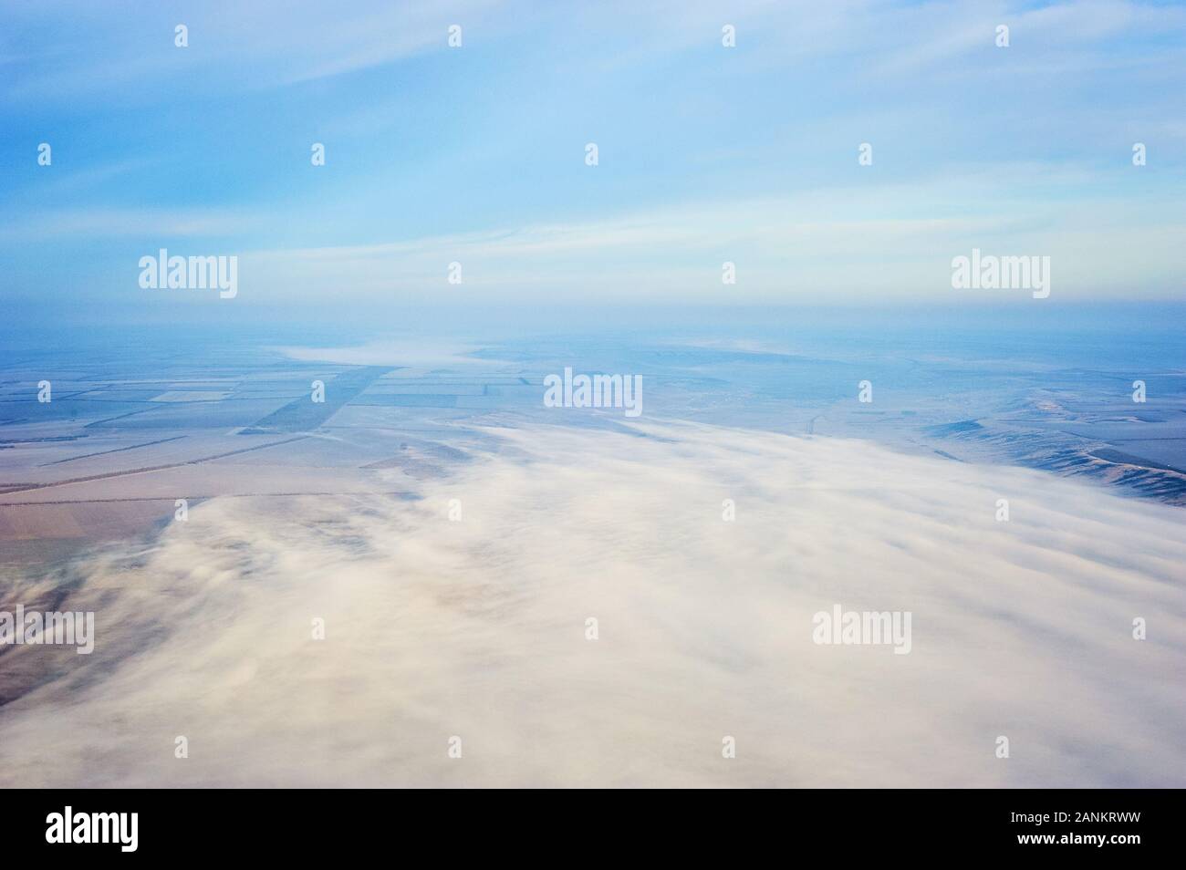 Aerial landscape. Fog above the fields. Bird eye view Stock Photo - Alamy