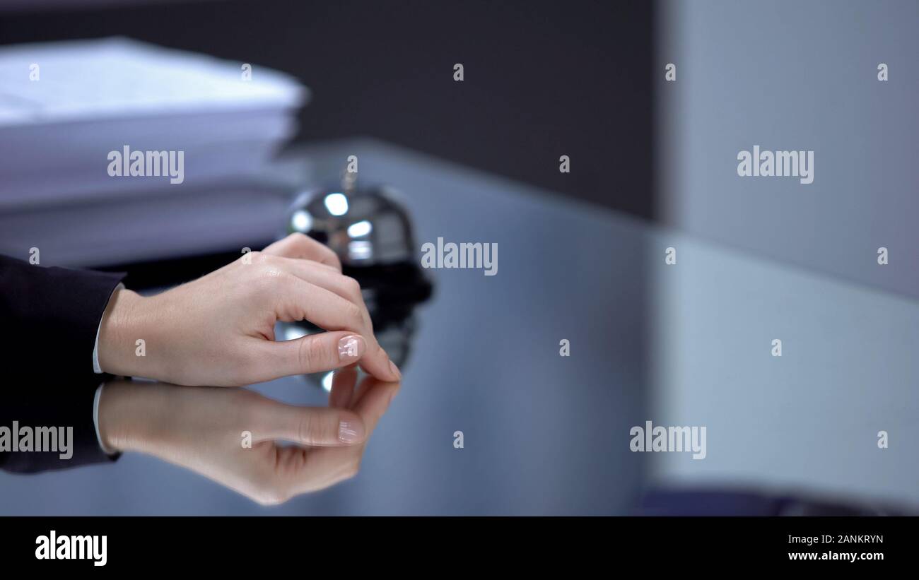 Nervous lady waiting administrator near reception desk, poor service ...