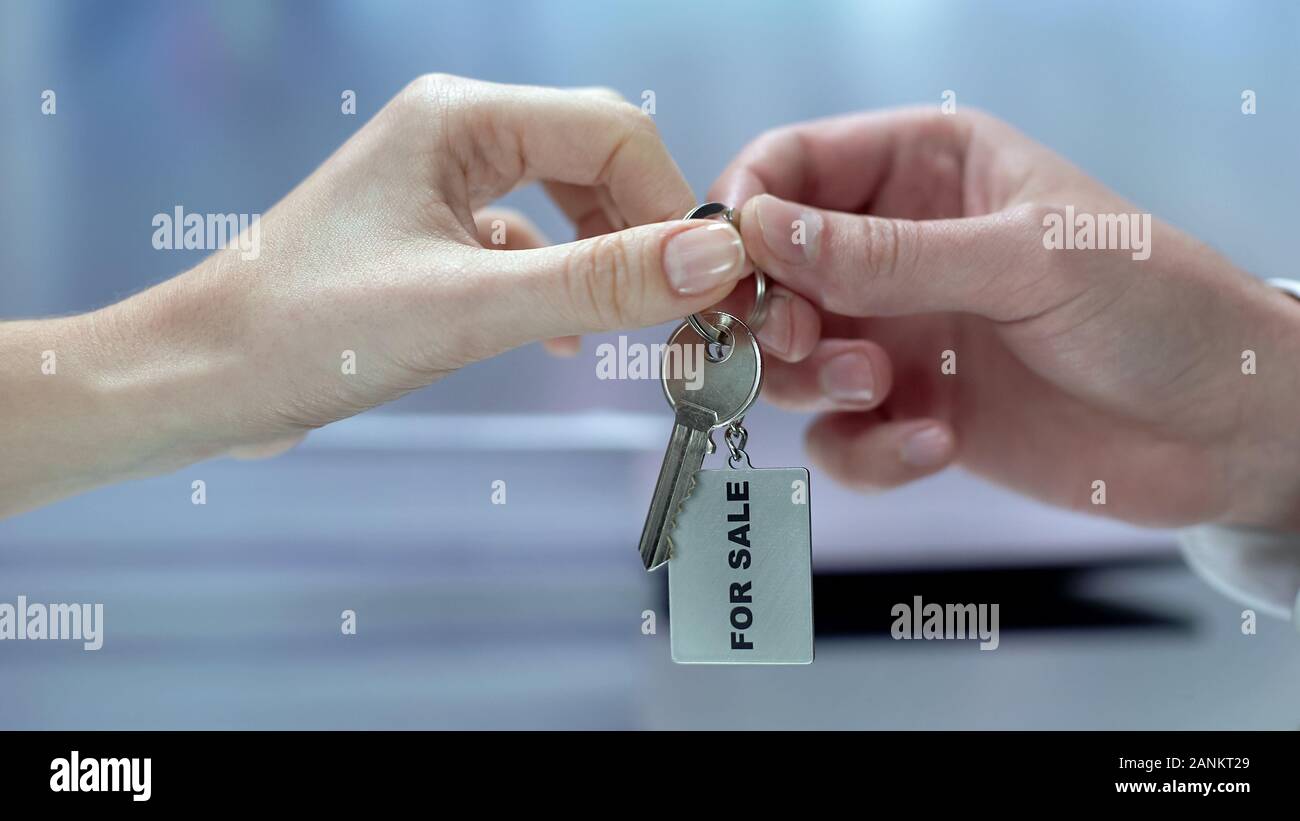 Customer taking keychain from businessman, house for sale, real estate ...